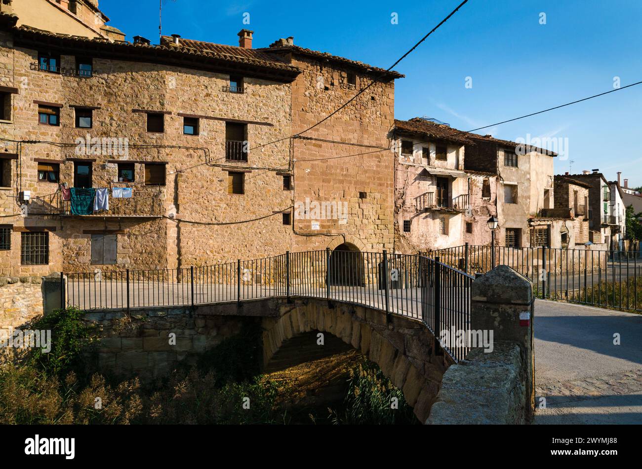 Street of the historical village of Mora de Rubielos, Teruel, Spain ...