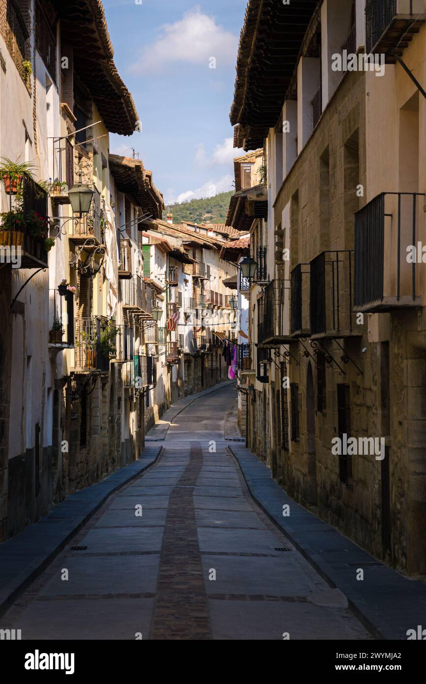 Street of the historical village of Rubielos de Mora, Teruel, Spain ...