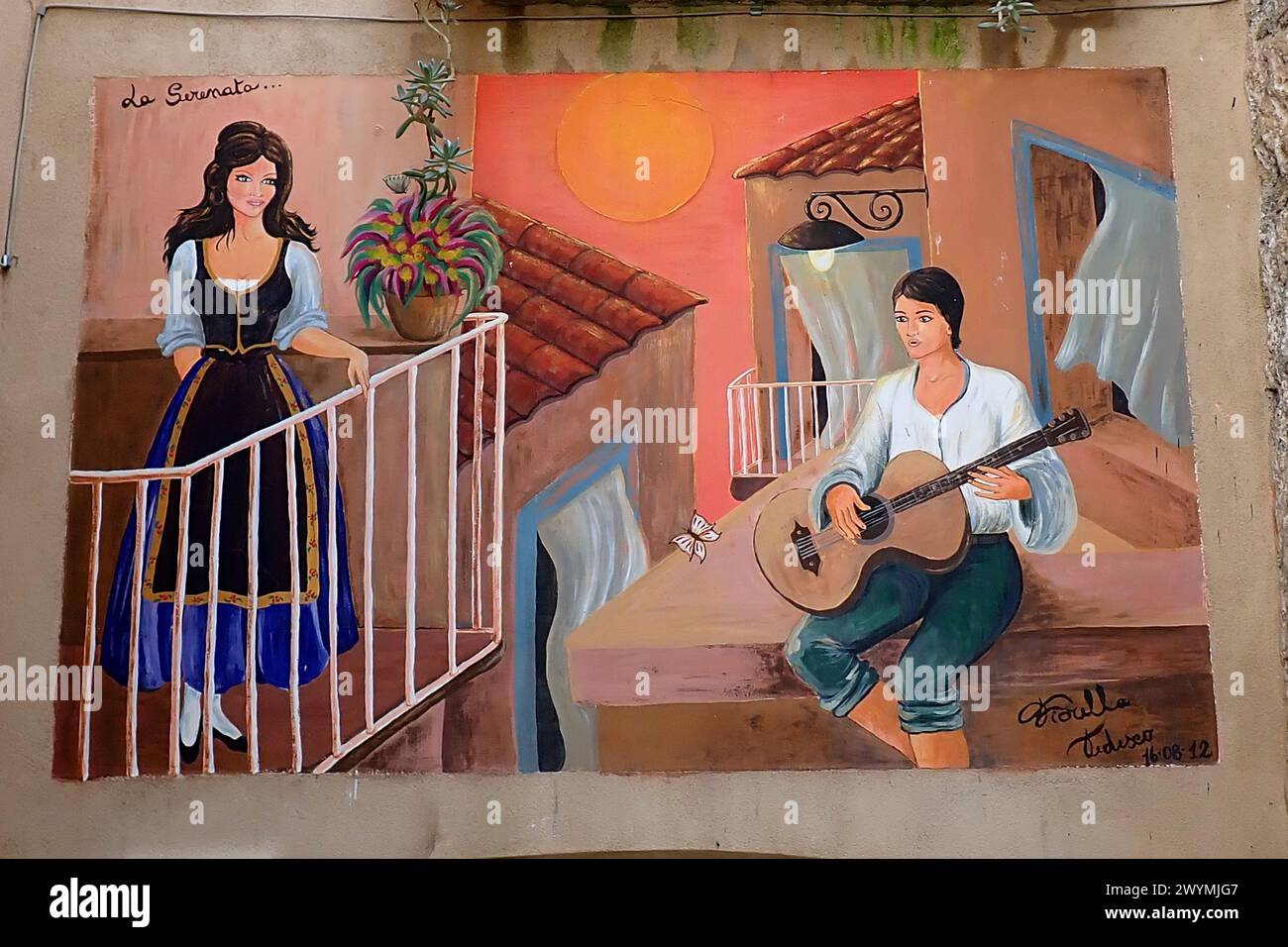 Mural depicting a boy serenading a girl looking out from a balcony ...