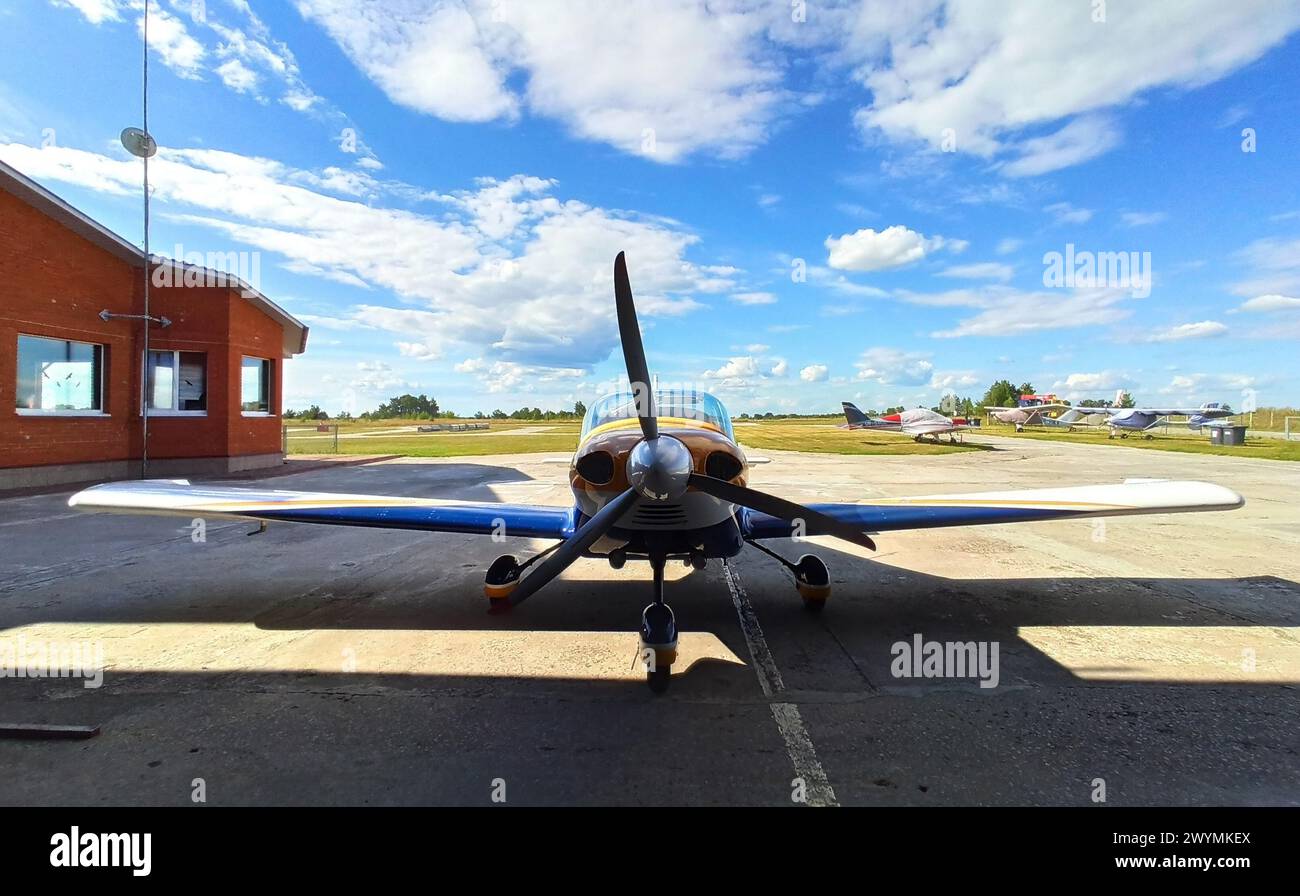 Front view small propeller plane Tomark Viper SD-4 in the airport Stock ...