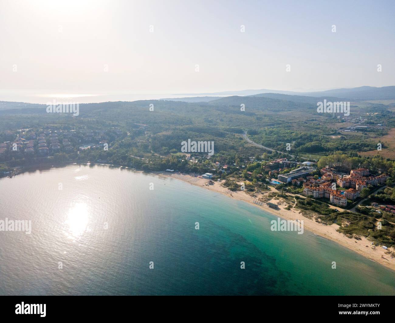Aerial view of Gradina (Garden) Beach near town of Sozopol, Burgas ...