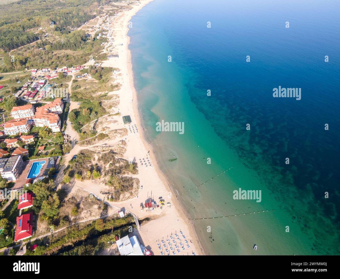 Aerial view of Gradina (Garden) Beach near town of Sozopol, Burgas ...