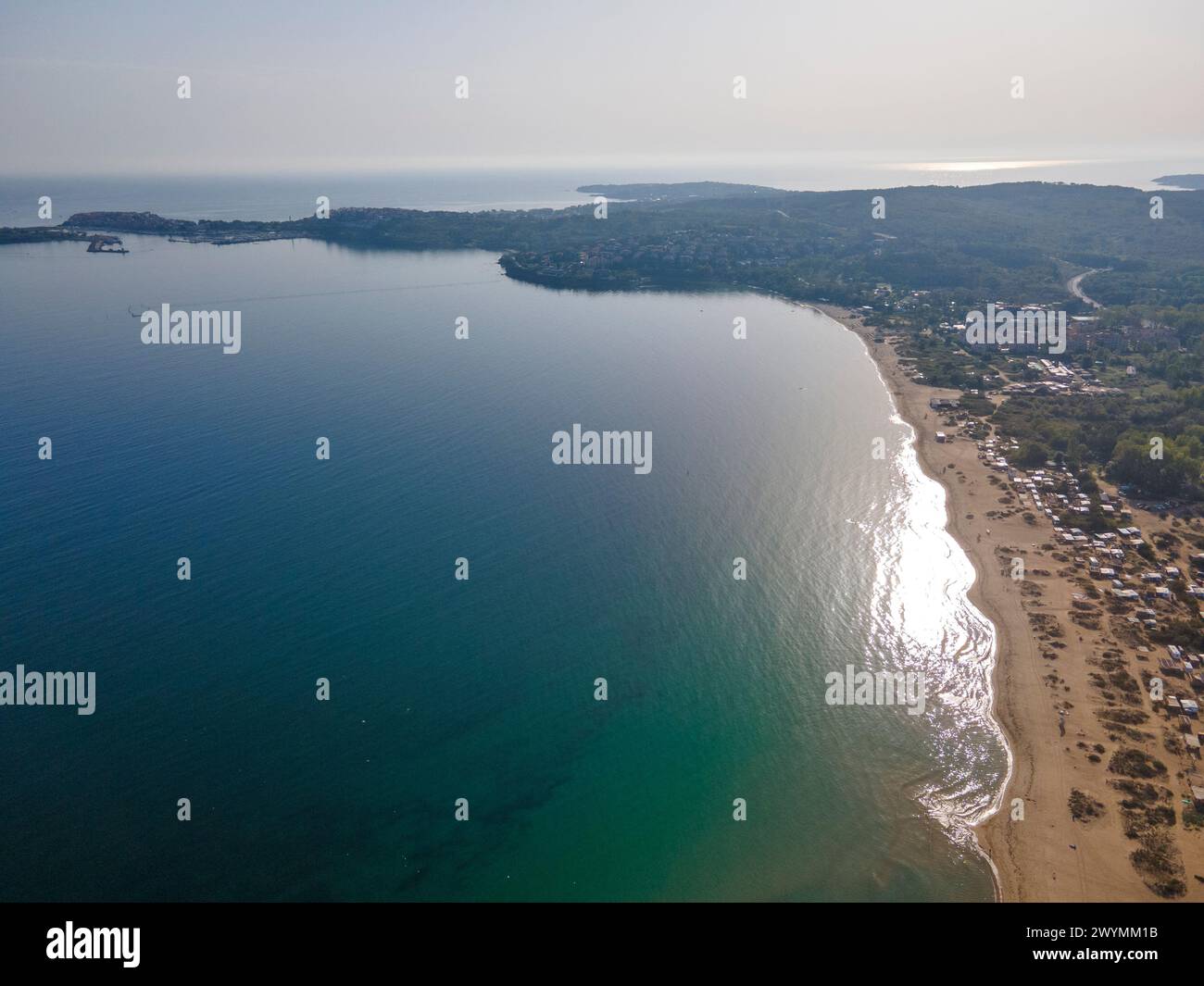 Aerial view of Gradina (Garden) Beach near town of Sozopol, Burgas ...
