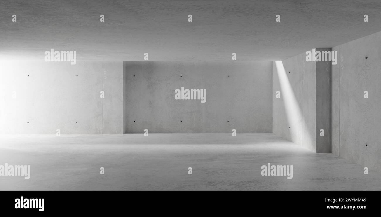Abstract large, empty, modern concrete room with ceiling opening and ...