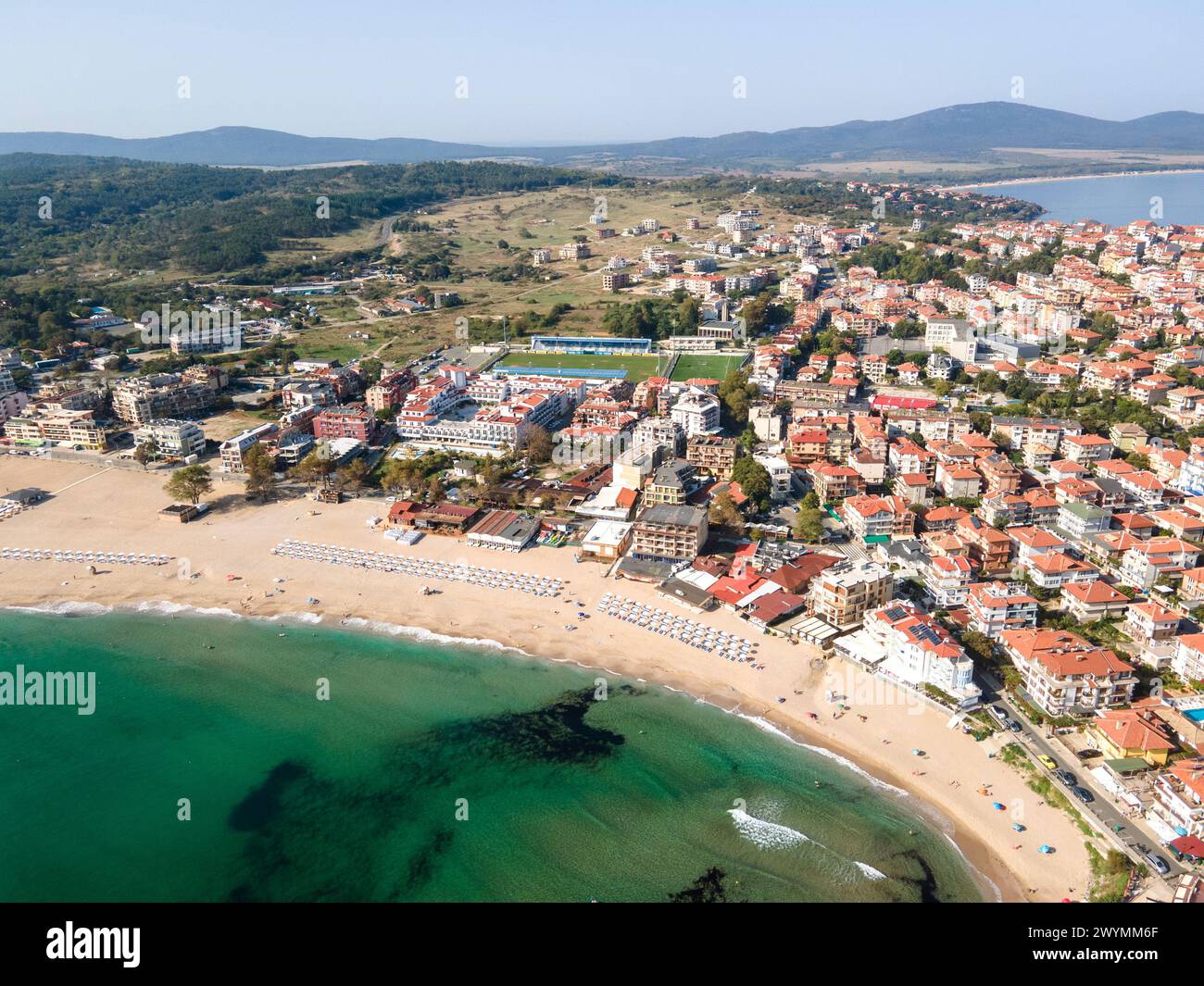 Aerial view of town of Sozopol and Harmanite Beach, Burgas Region ...