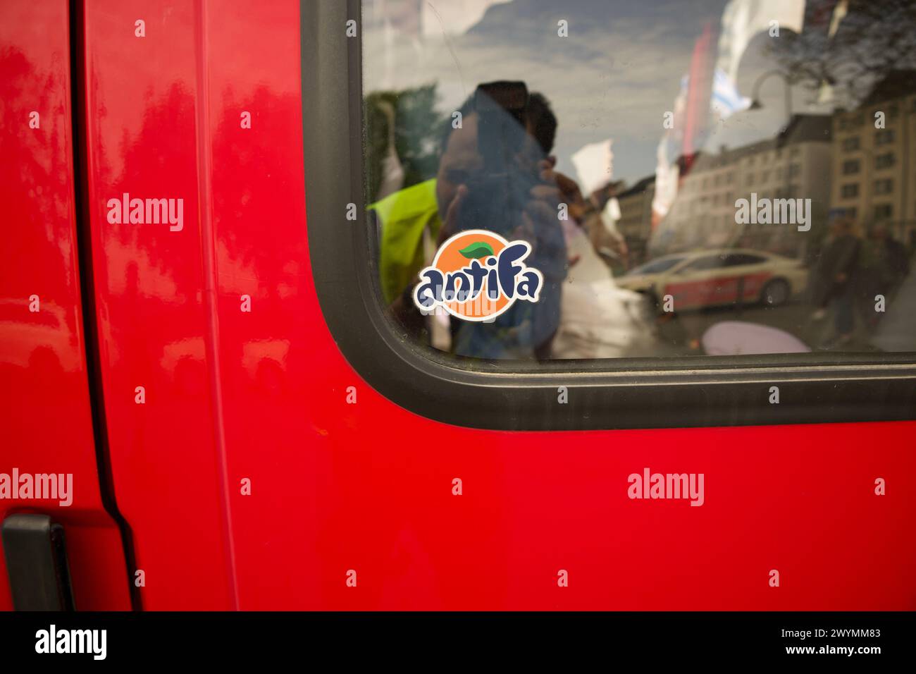 Cologne, Germany, April 07, 2024. Antifa word depicted as Fanta logo ...