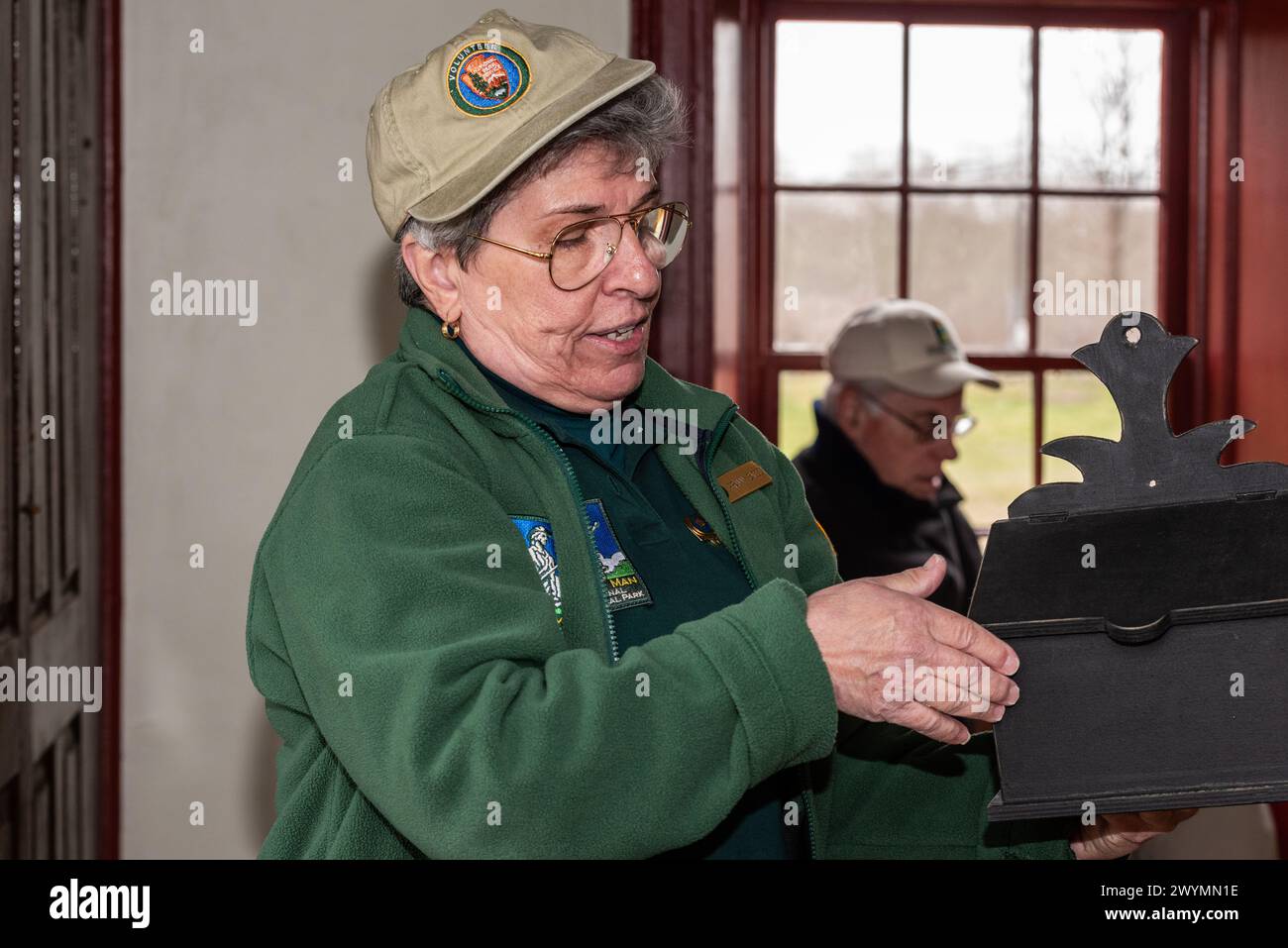 National Park Service Volunteer at the Nathan Meriam House, giving a ...