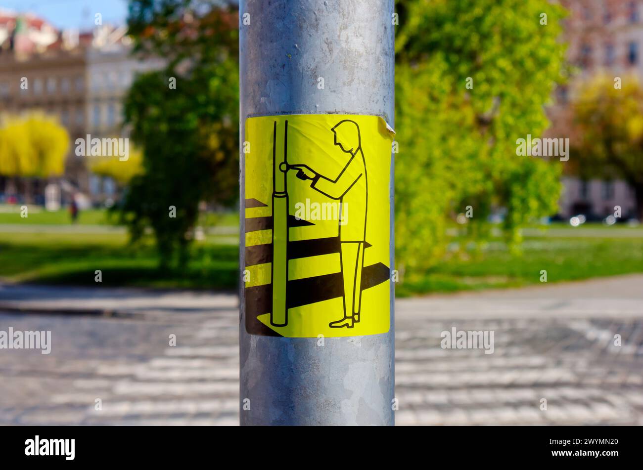 Pedestrian Crossing Sign Sticker in Prague, Czech Republic Stock Photo ...