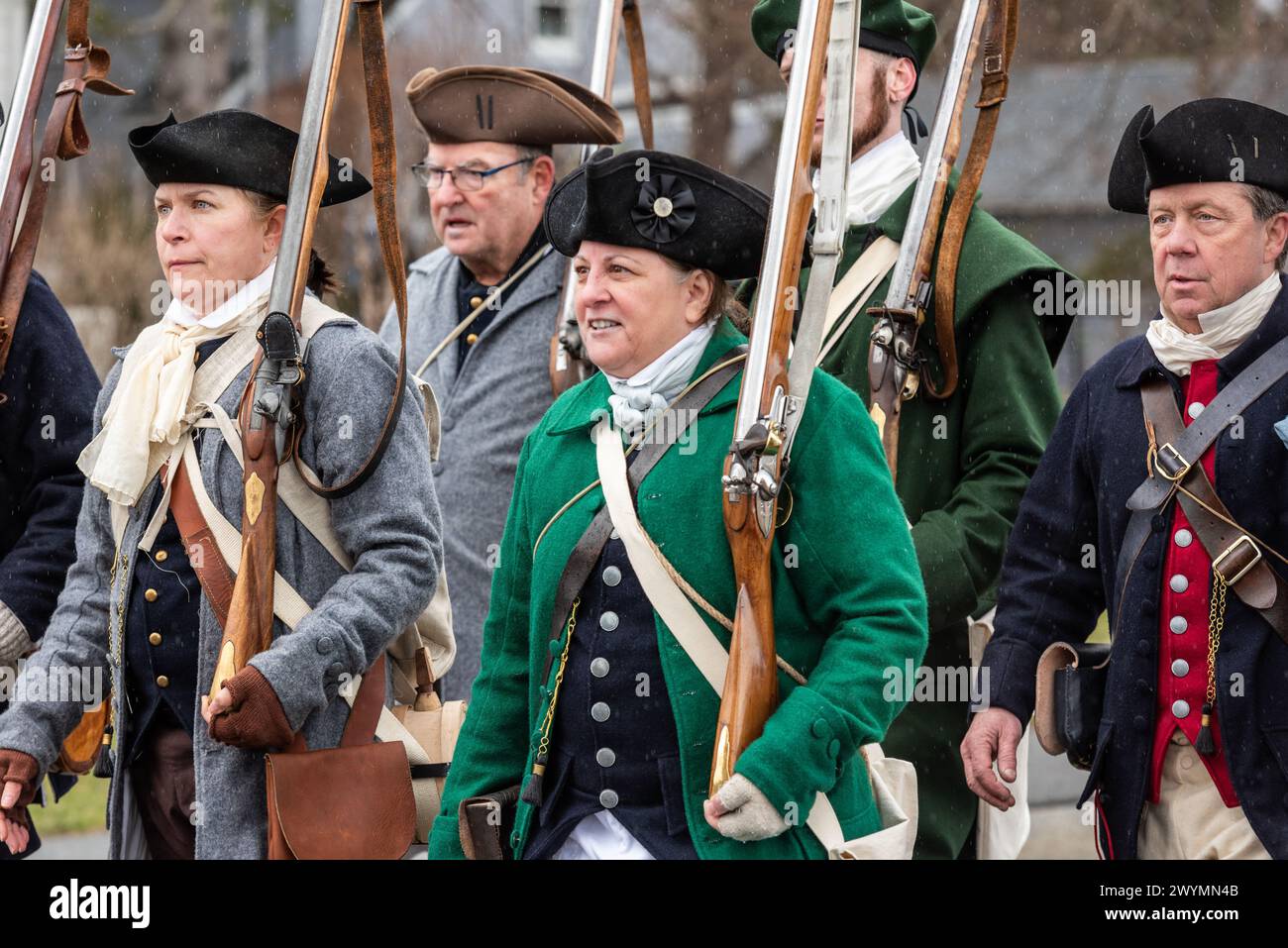 Reenactors with the Concord Minute Men marching in the parade for ...