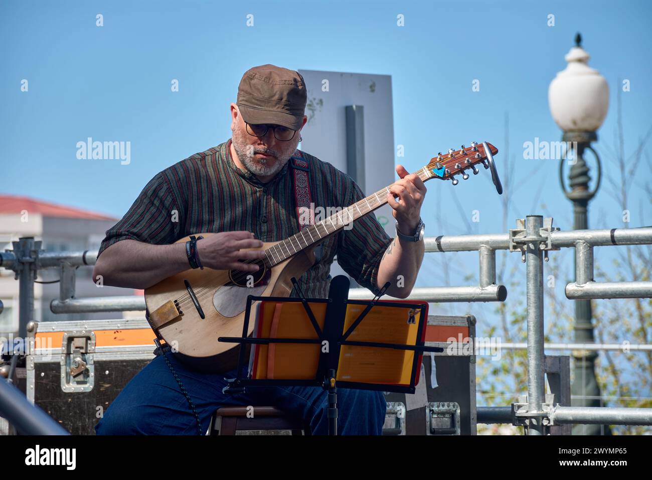 Vigo, Pontevedra, Spain; April 7, 2024; A member of a band plays the ...