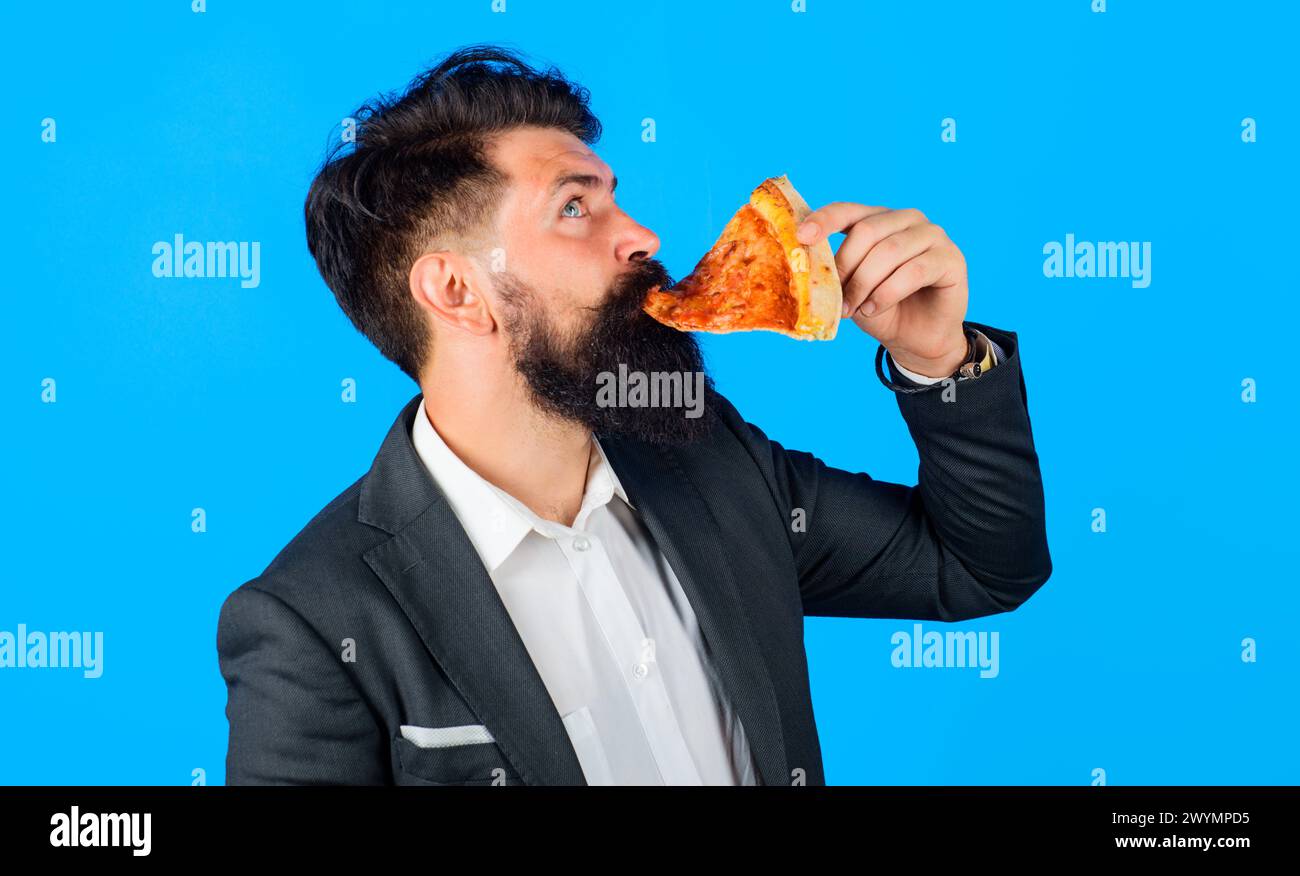 Pizza time. Bearded man in suit eating slice of pizza. Fast food ...