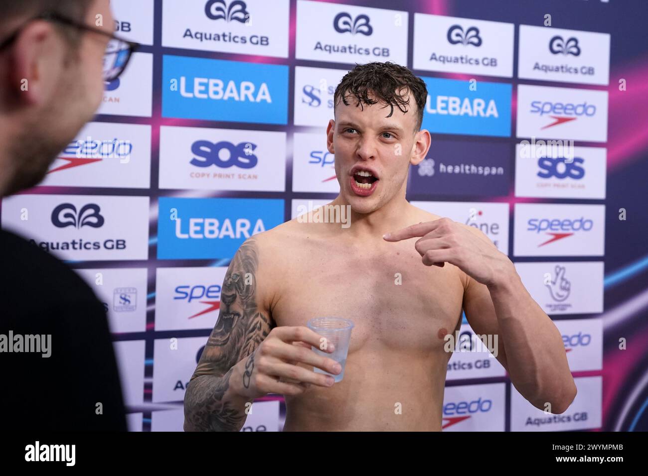 Matthew Richards speaks to the media after the Men's 200m Freestyle Paris Final on day six of ...