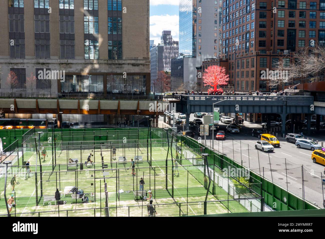 Pickleball Courts in Hudson Yards with the old tree pink sculpture on ...
