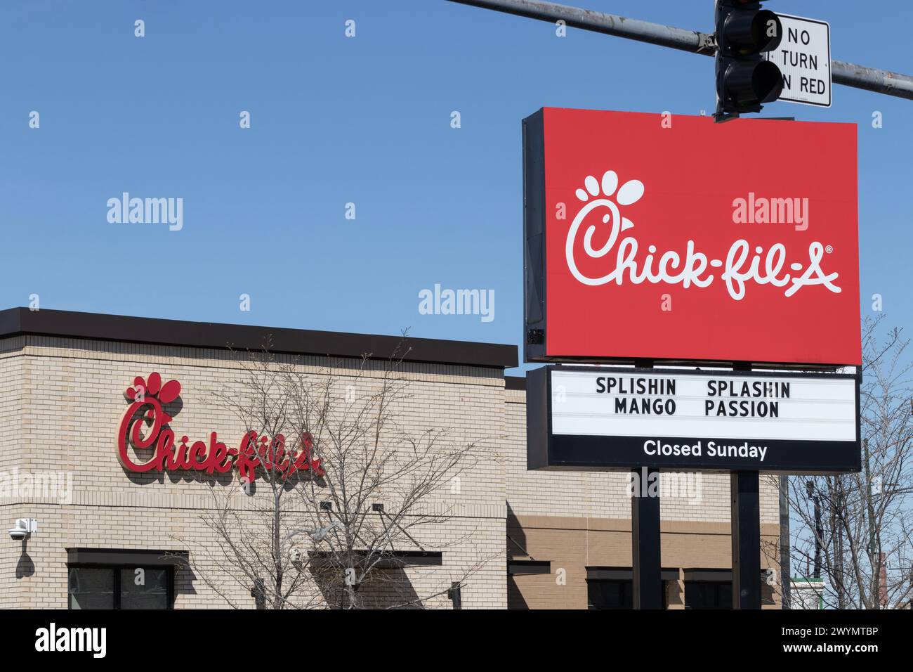Chicago - April 6, 2024: Chick-fil-A chicken restaurant. Despite ...