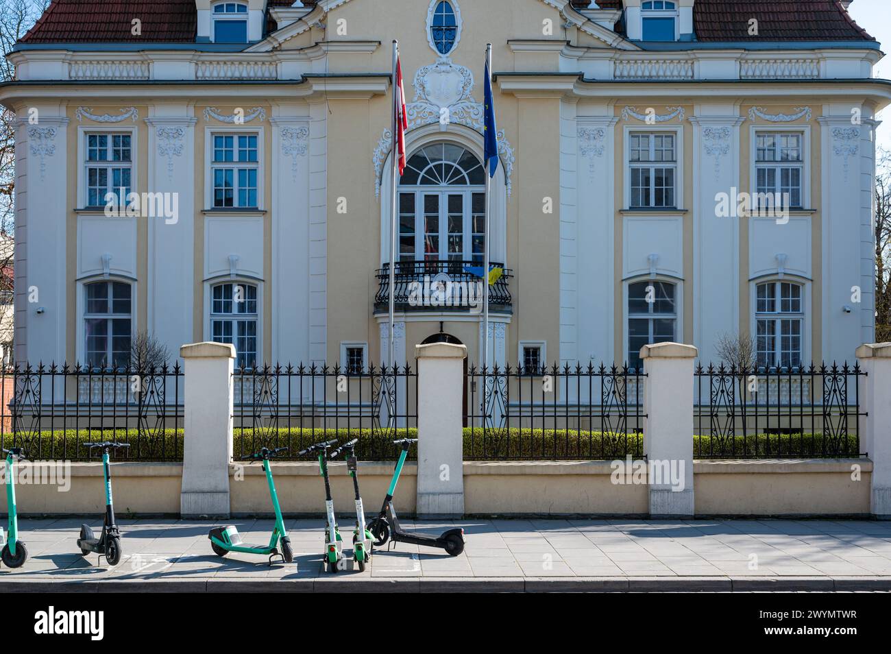 Krakow, Lesser Poland, March 19, 2024 - Facade of the embassy of ...