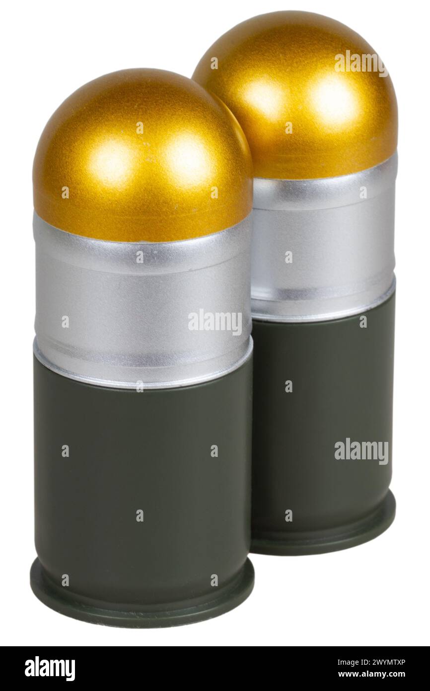 40 mm rounds for automatic grenade launcher isolated on a white Stock Photo - Alamy