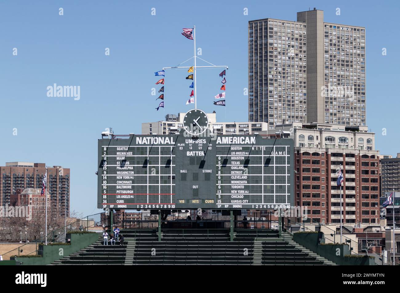 Chicago - April 6, 2024: Wrigley Field center field scoreboard in the ...