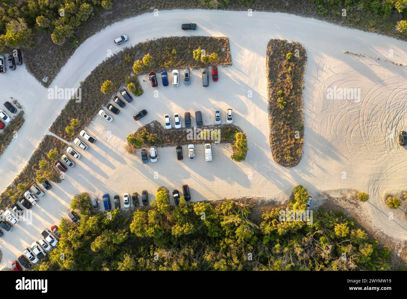 Aerial view of cars parked on ocean beach parking lot. Vacation on ...