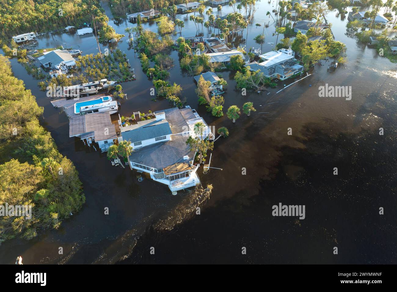 Aftermath of natural disaster. Flooded houses by hurricane rainfall in ...