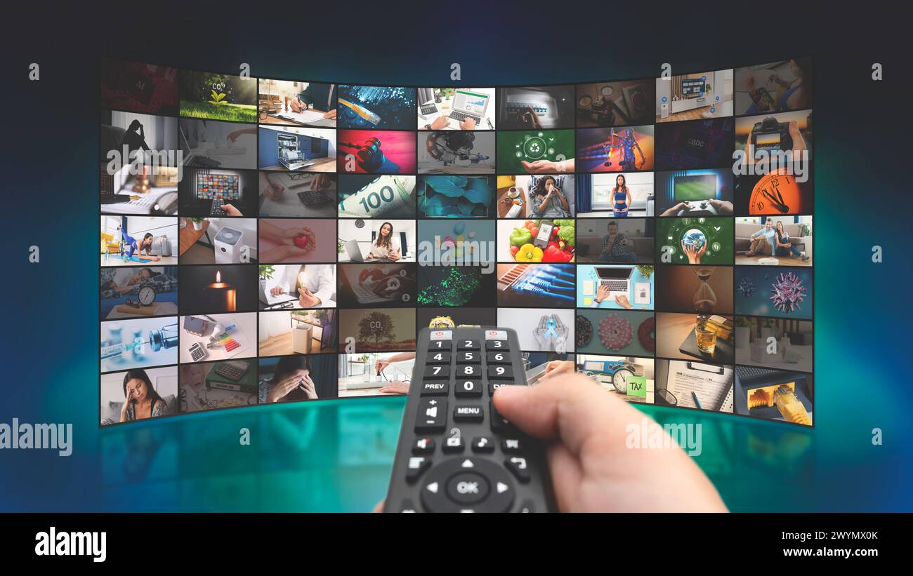 TV multimedia streaming concept with remote control and images ...