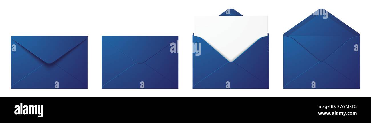 Vector set of realistic blue envelopes in different positions. Opened ...