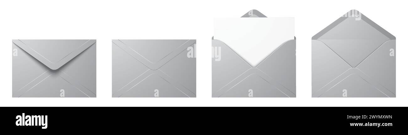 Vector set of realistic silver color envelopes in different positions. Folded and unfolded ...