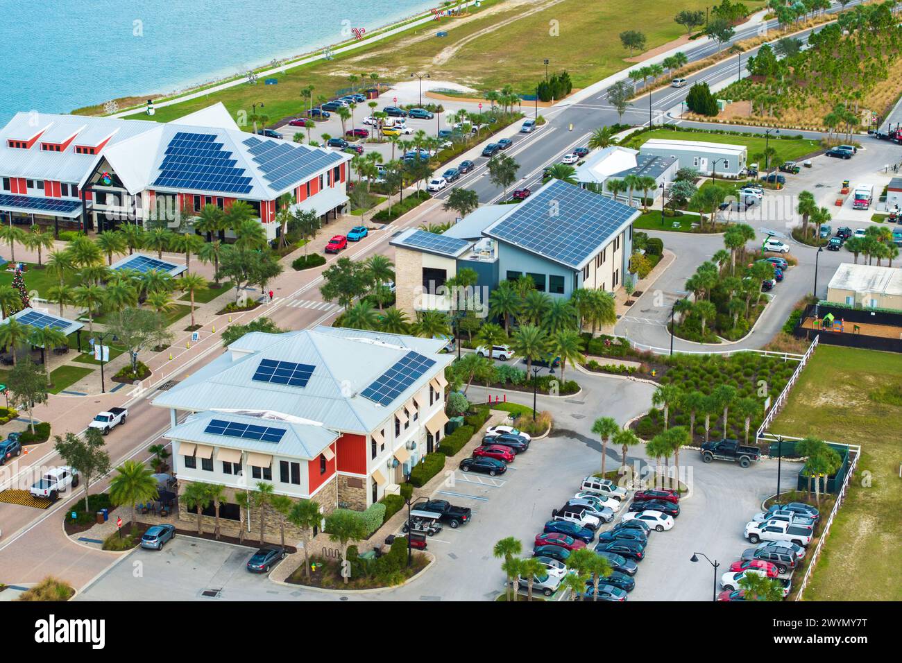 Florida office buildings with solar roof in small autonomous town. Blue ...