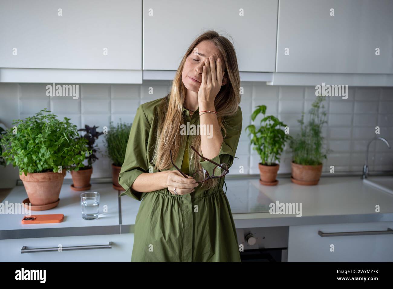 Tired sad woman rubbing eyes. Girl depressed, stressed, feels weary ...