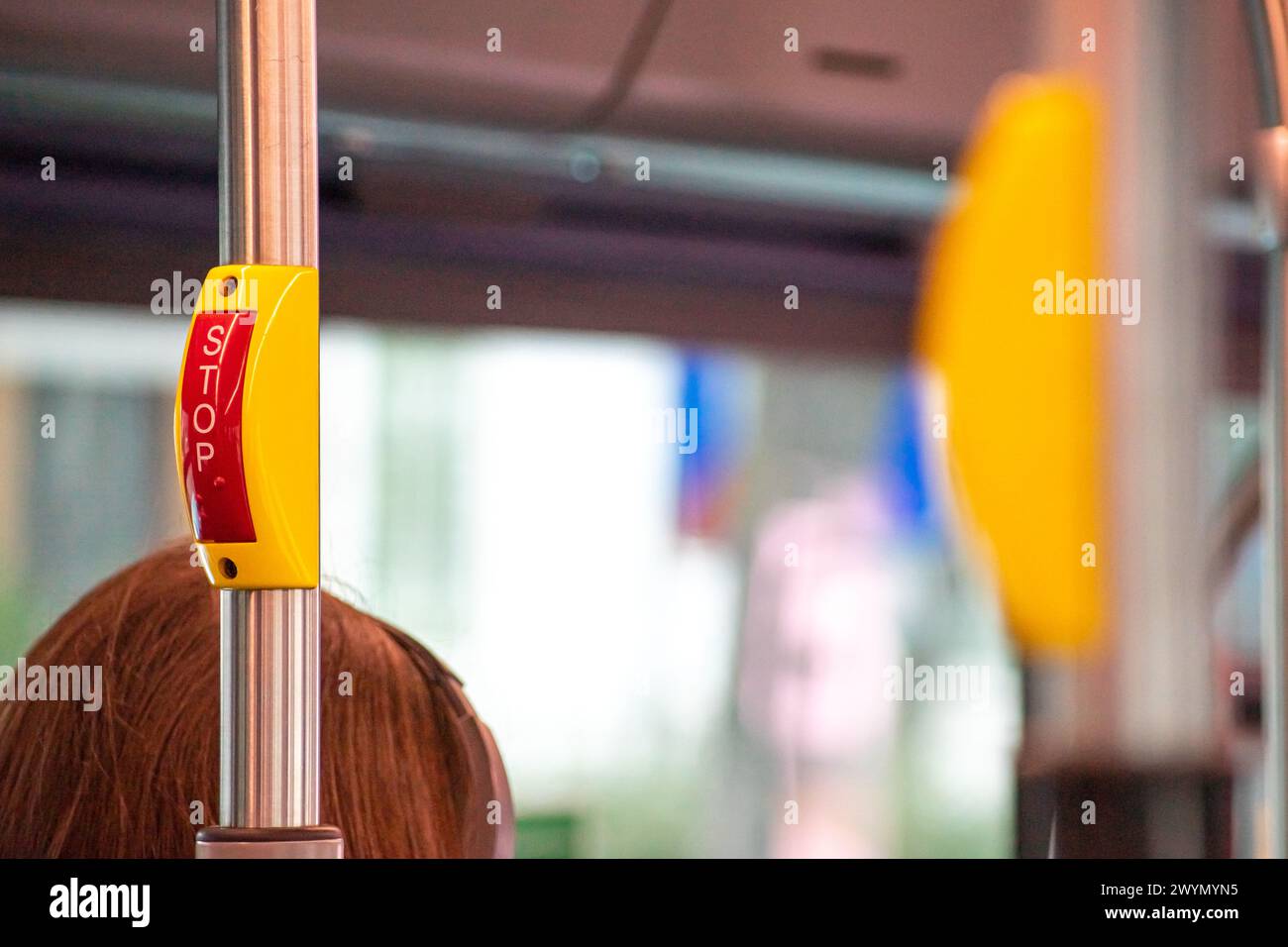 STOP button for requesting a stop for the Carris de Lisboa bus. Image ...