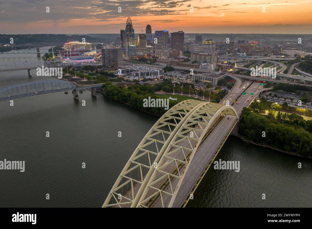 Highway traffic in Cincinnati, Ohio on Daniel Carter Beard Bridge with ...