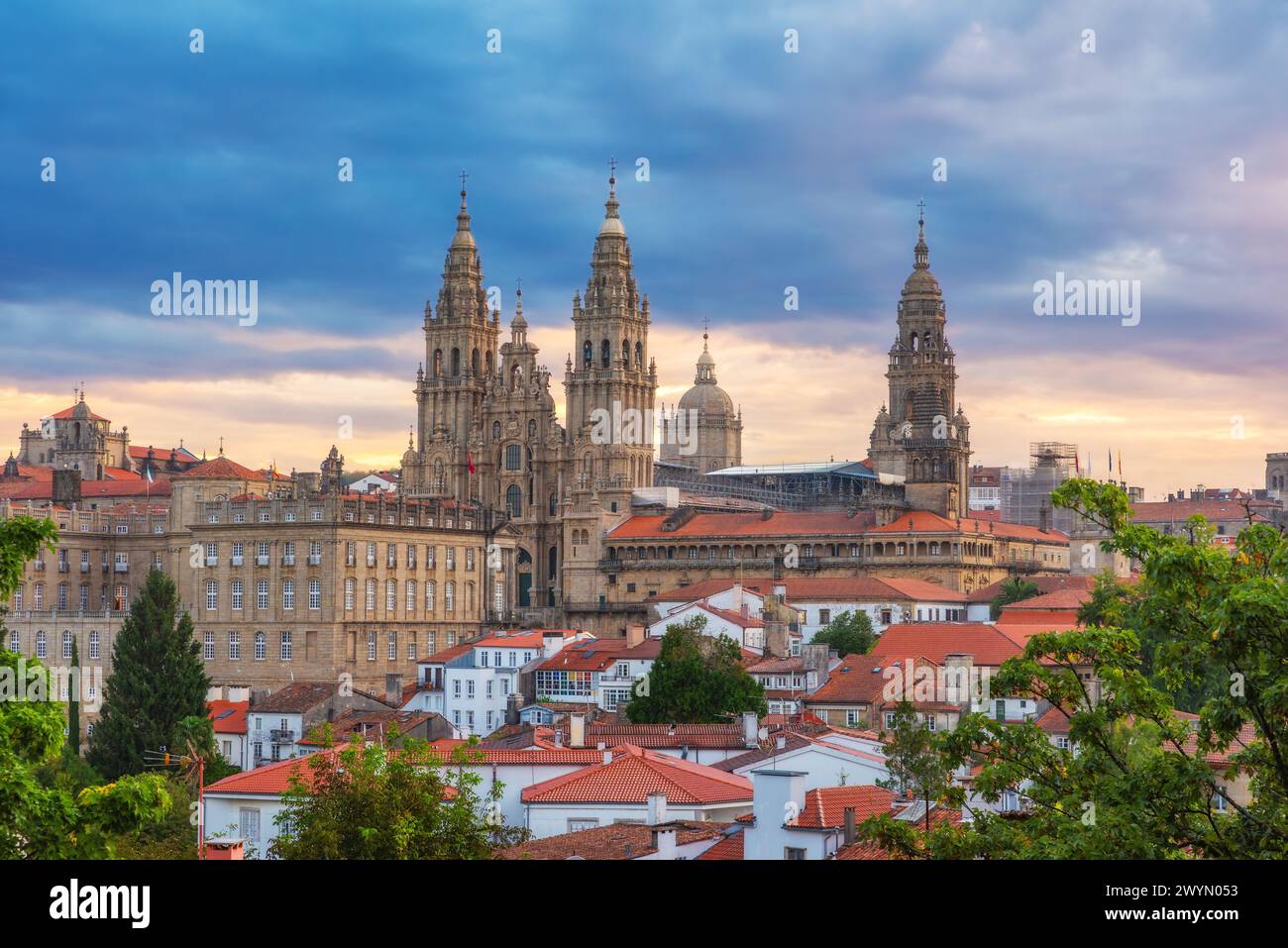 Aerial view of Santiago de Compostela city with Cathedral and buildings ...