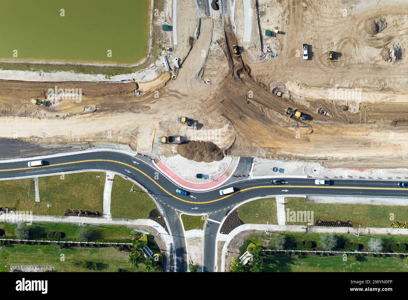 Roundabout construction roadworks on American transport infrastructure ...