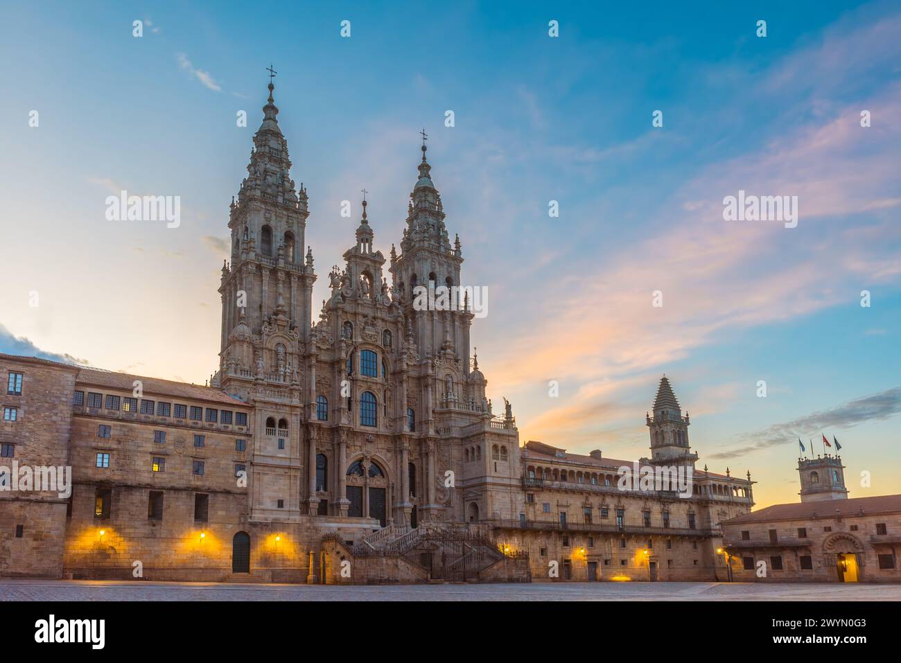 Santiago de Compostela Cathedral at sunrise with main square Praza do ...