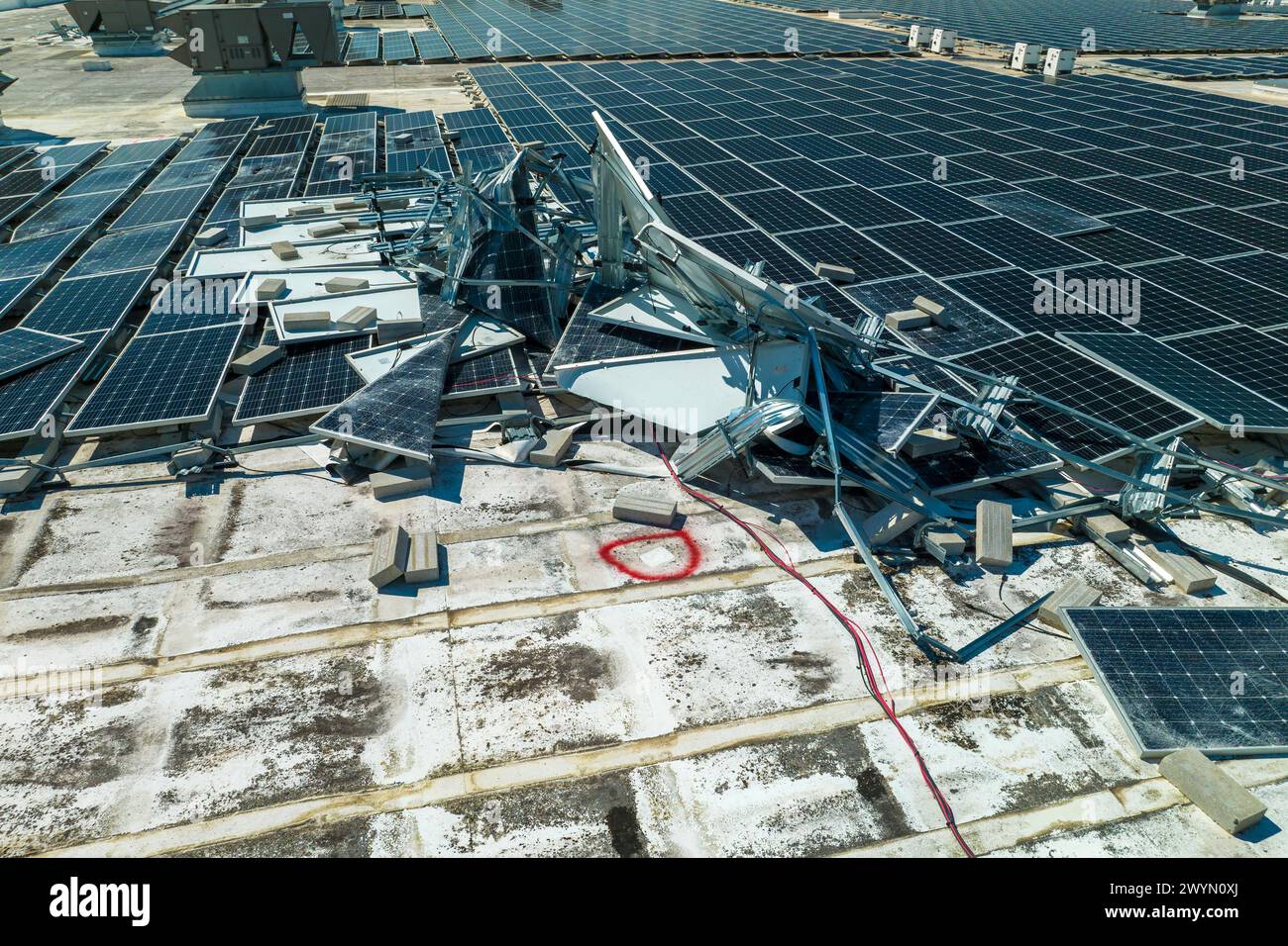 Top view of destroyed by hurricane Ian photovoltaic solar panels ...