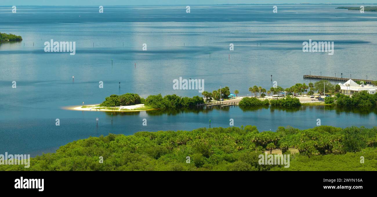 View from above of Florida everglades with green vegetation between ...