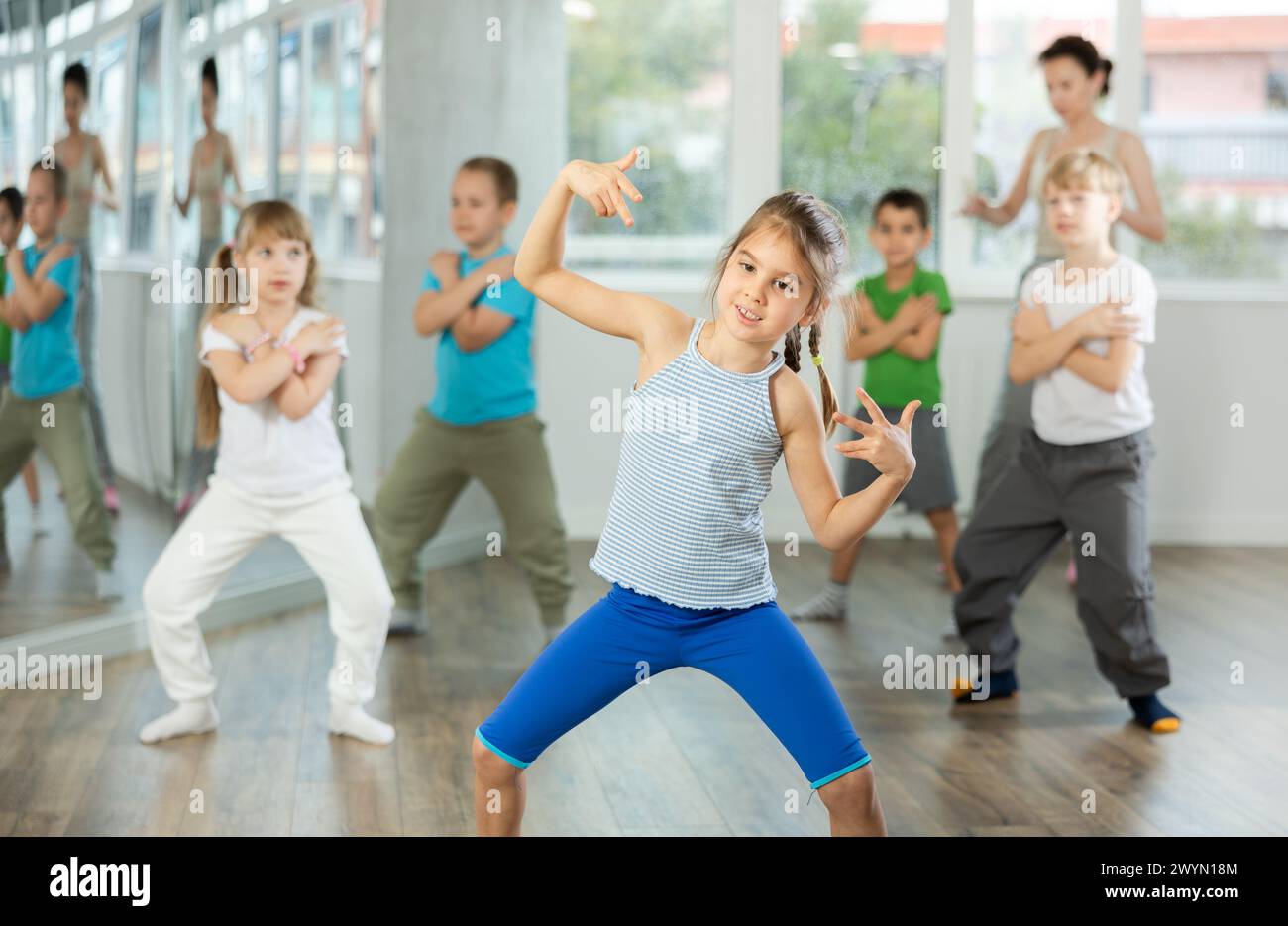 Dance class for kids, girls and boys training in dance studio Stock ...
