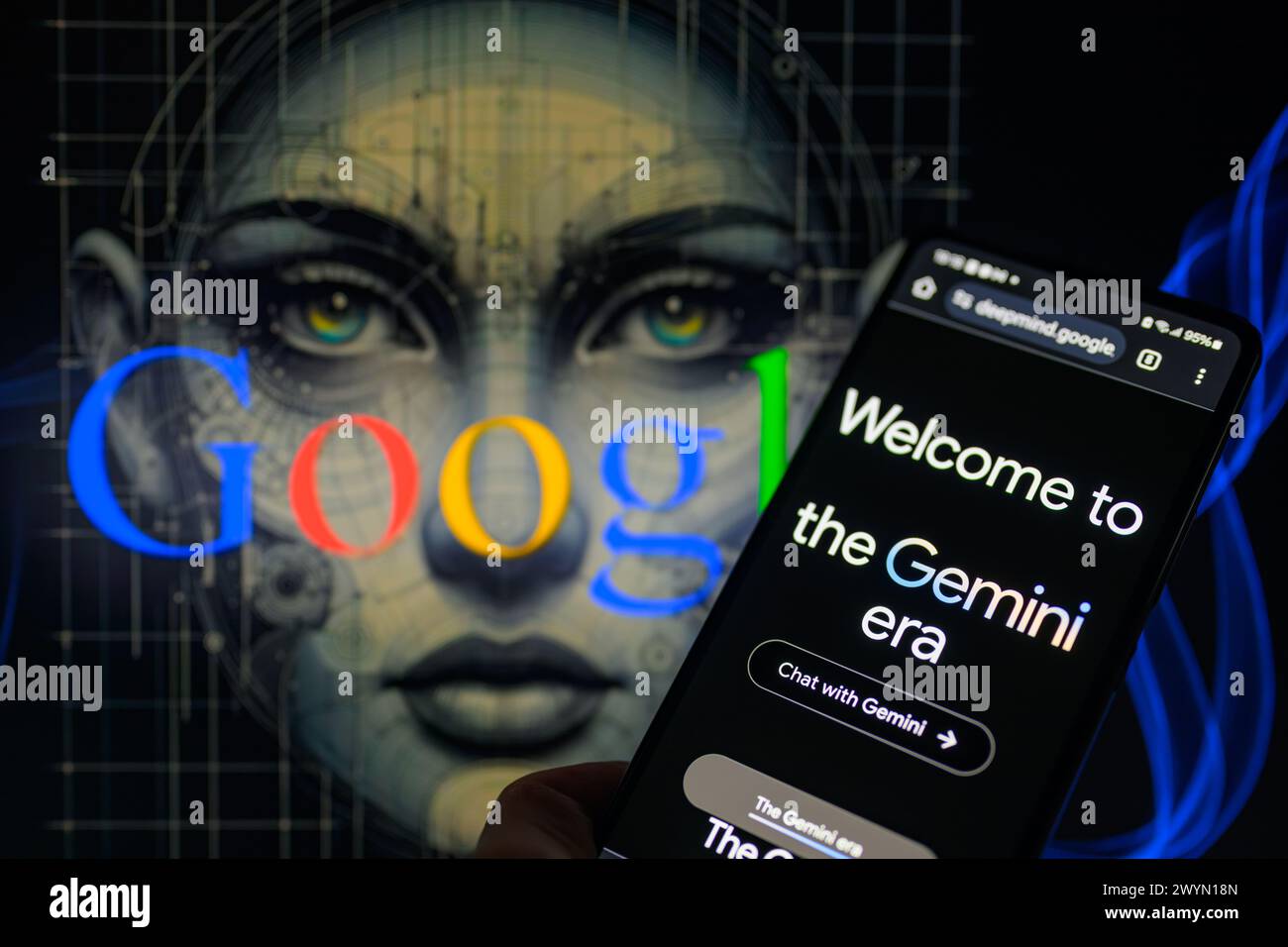 The Gemini home page is displayed on a smartphone with Gemini visible ...