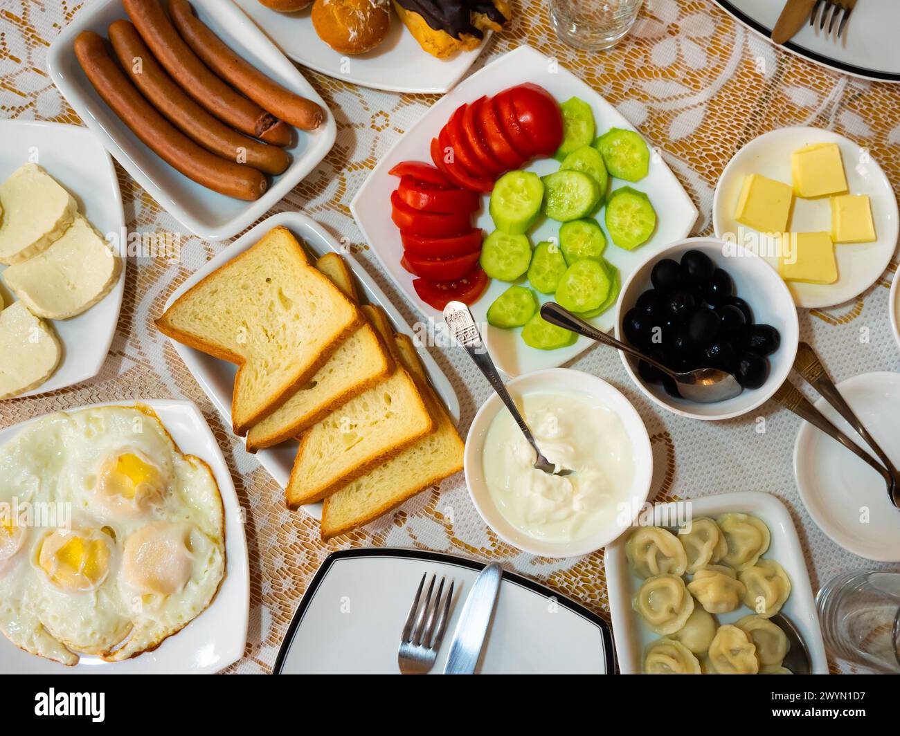 Rich and delicious Georgian breakfast on table without people Stock ...