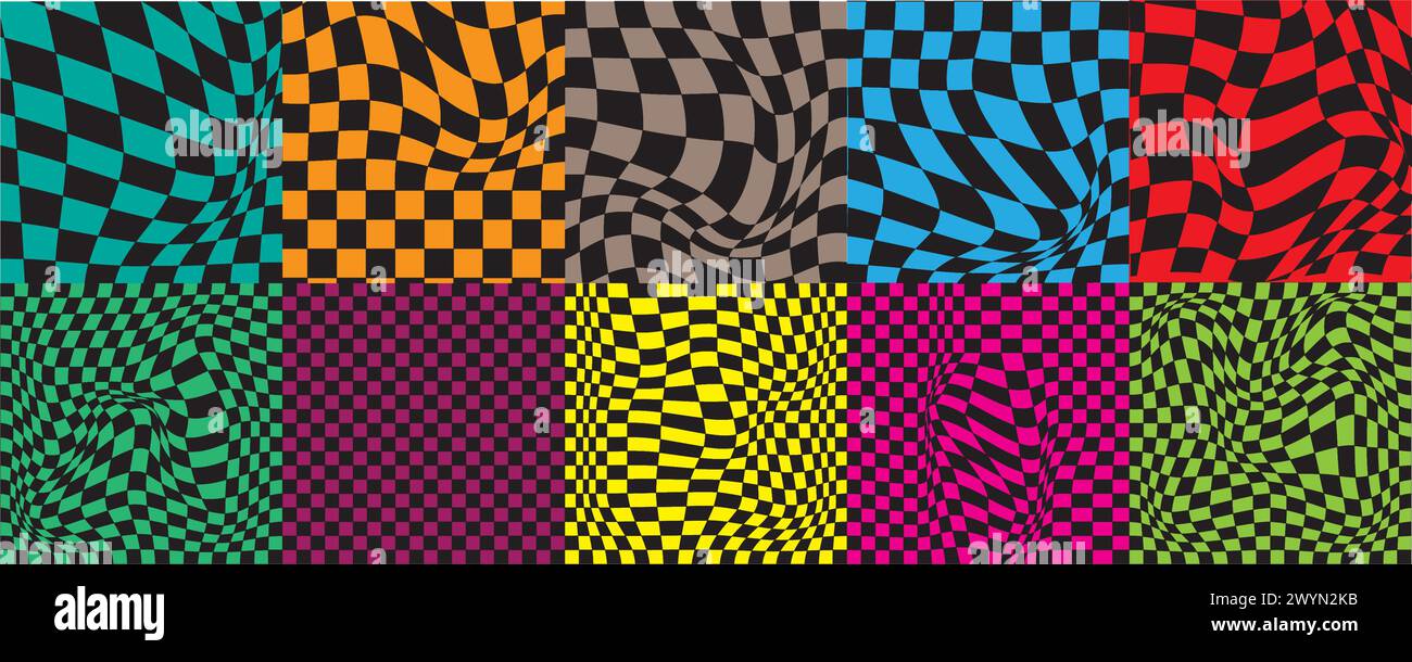 Set of distorted checkered backgrounds. Groovy psychedelic patterns ...