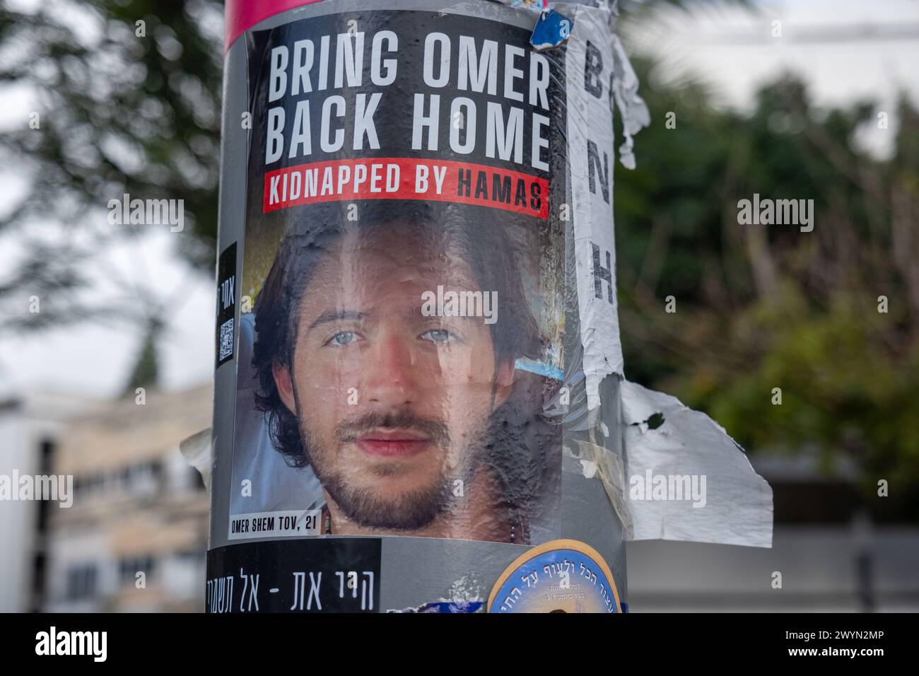 Tel Aviv, Israel. 07th Mar, 2024. A poster of kidnapped, Omer Shem Tov ...