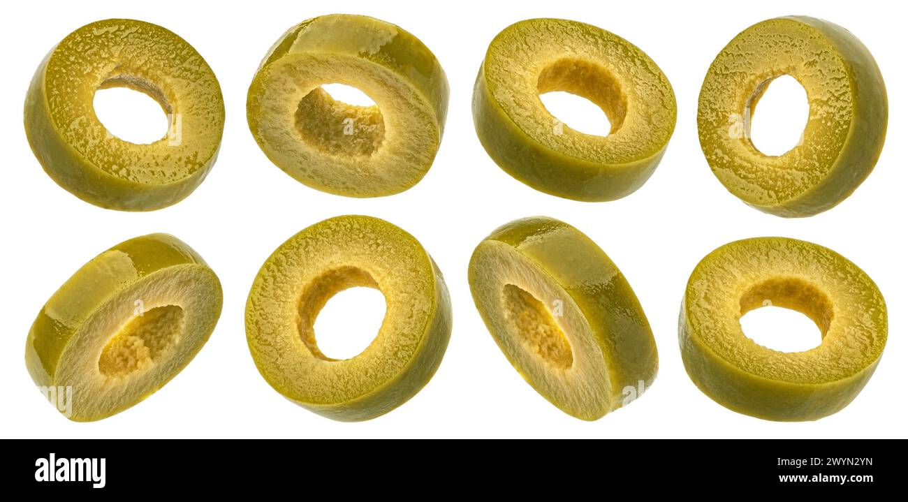 Green olive slices isolated on white background Stock Photo - Alamy