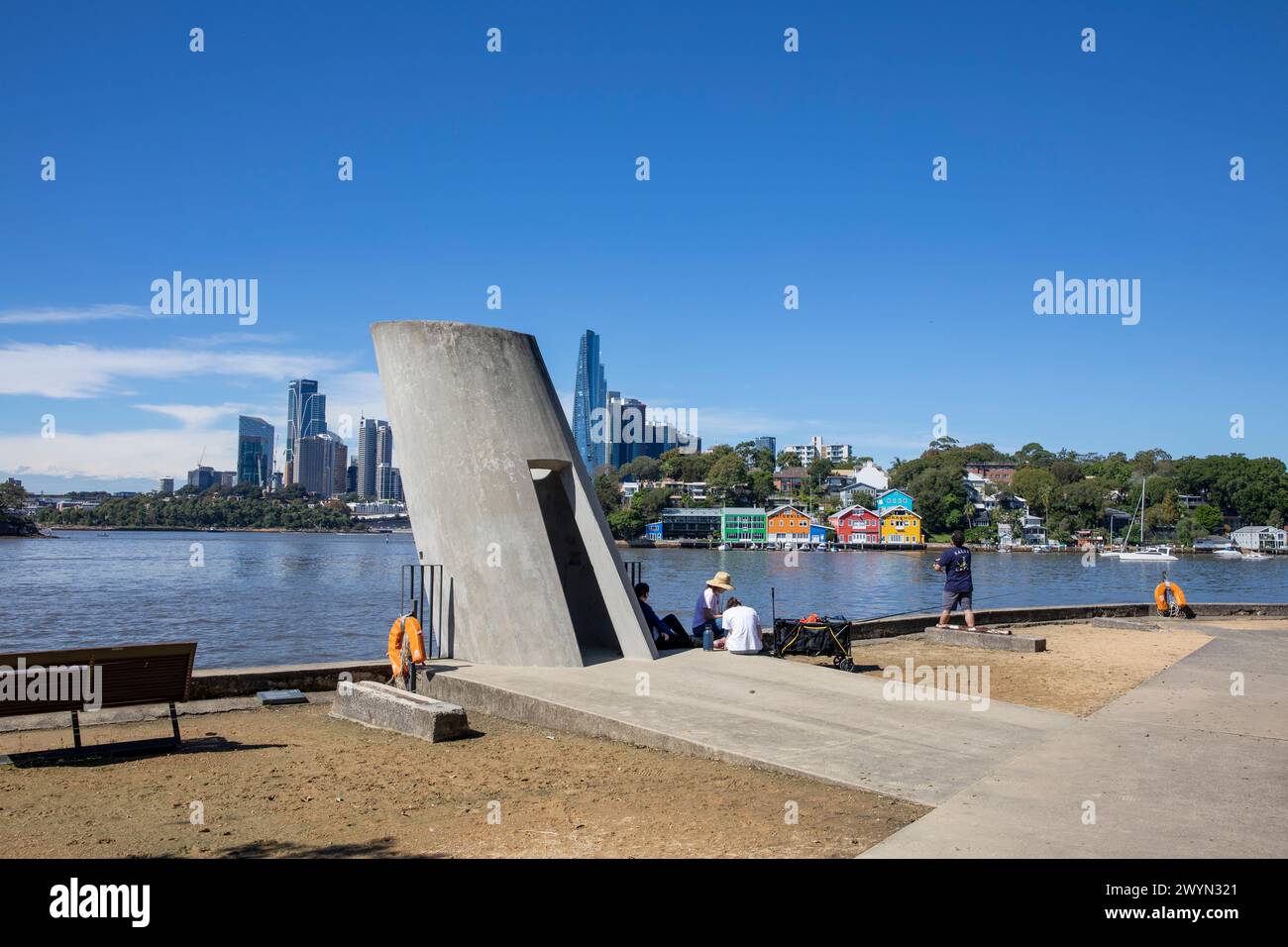 Ballast Point Park on Balmain Peninsula, with Delicate balance concrete ...