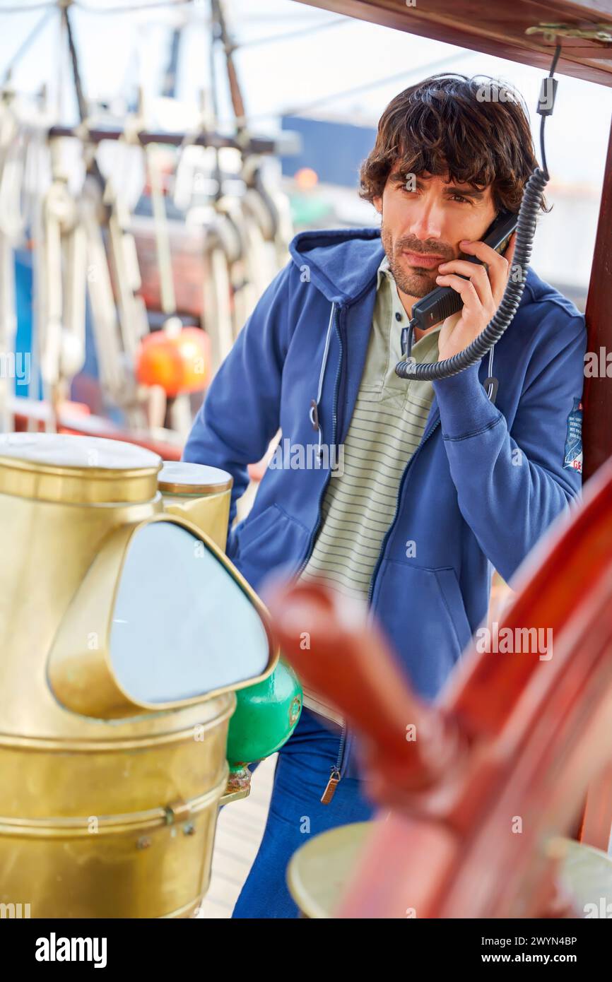 Sailor at the helm of a sailboat, galleon. Basque Country. Spain Stock ...