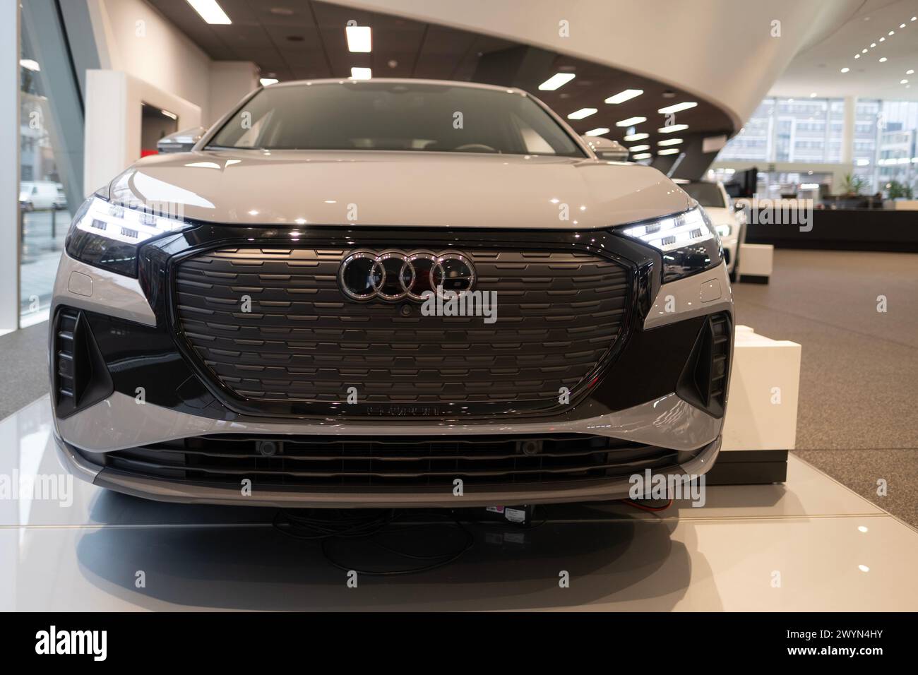 grey All-electric crossover Audi Q4 e-tron with panoramic roof, German ...