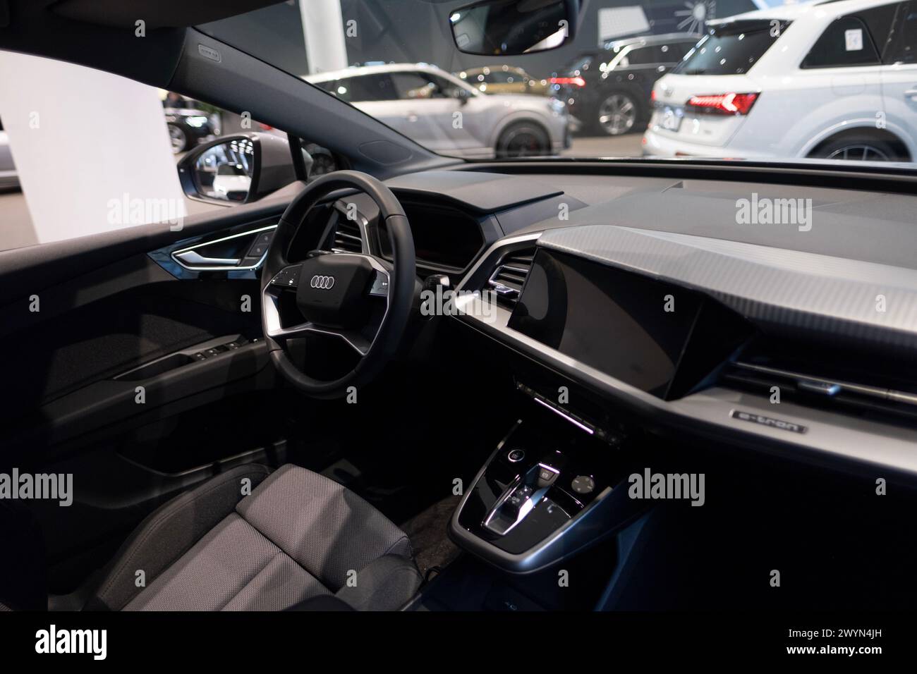 steering wheel All-electric crossover Audi Q4 e-tron, interior, German ...