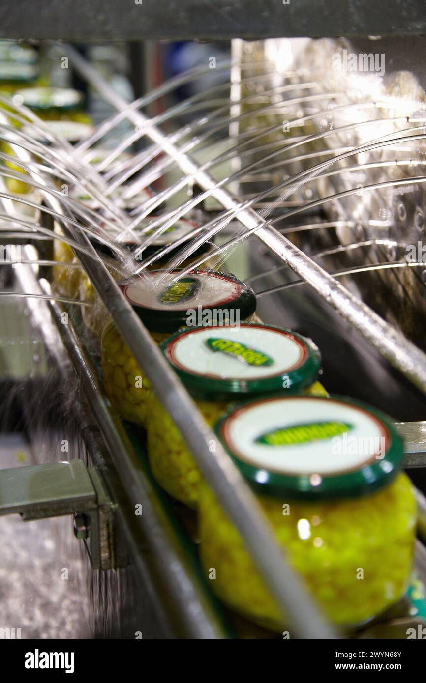 Production line of canned vegetables and beans in glass bottle, Corn ...