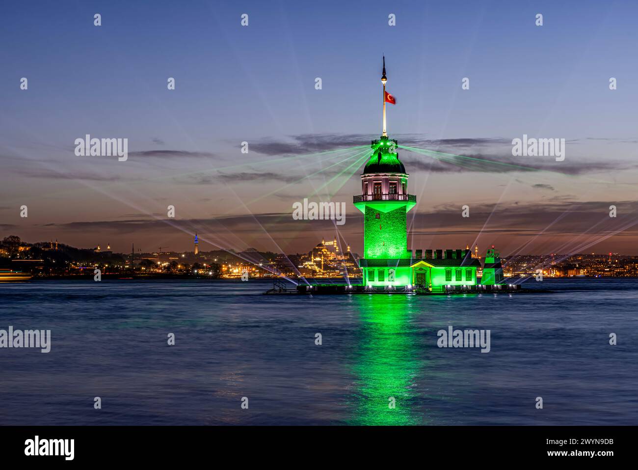iery sunset over Bosphorus with famous Maiden's Tower (Kiz Kulesi) also ...