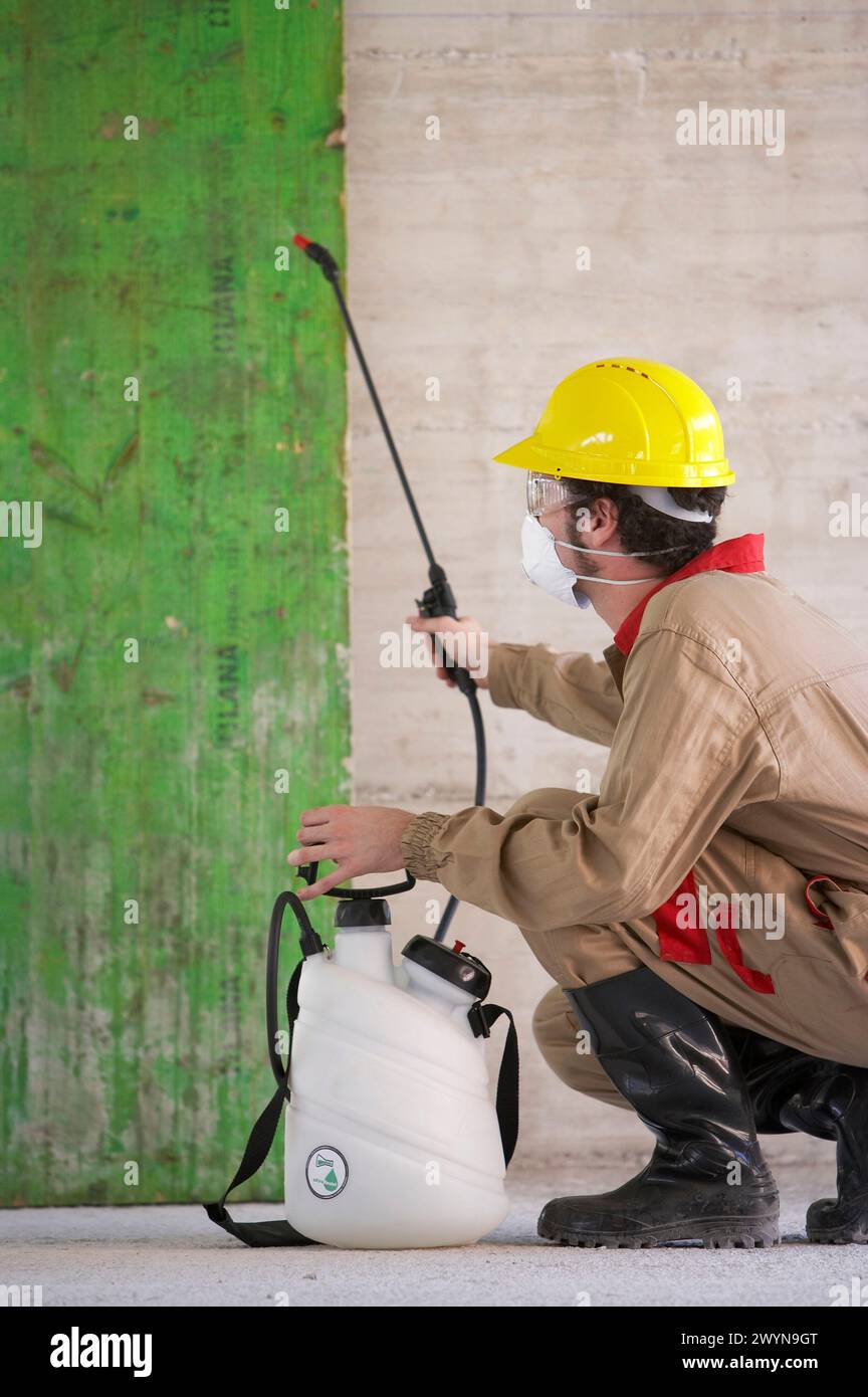 Applying form release agents with sprayer, concrete formworks, housing ...