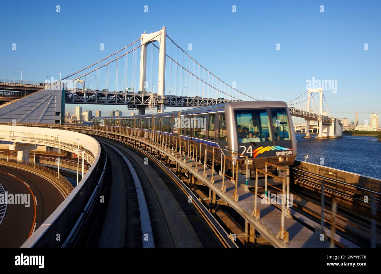 Rainbow bridge, Yurikamome line, Monorail train, Tokyo, Japan Stock ...