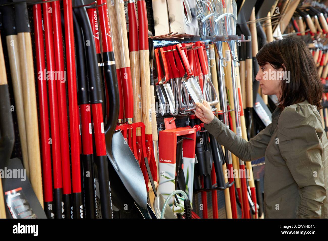 Buying tool in a hardware store, gardening tools Stock Photo - Alamy